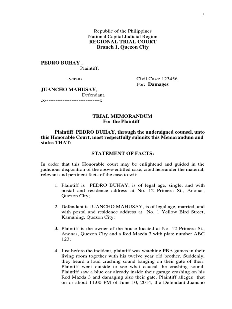 Trial Memorandum-Pedro Buhay | PDF | Lawsuit | Damages