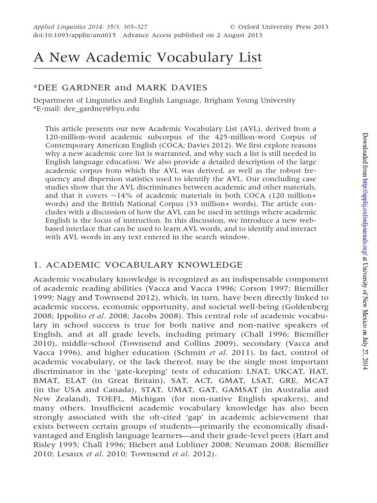 A New Academic Vocabulary List | PDF | Part Of Speech | Morphology ...