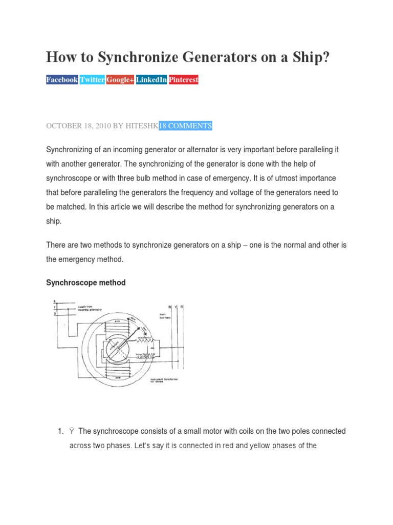 How To Synchronize Generators On A Ship | PDF | Boiler | Valve