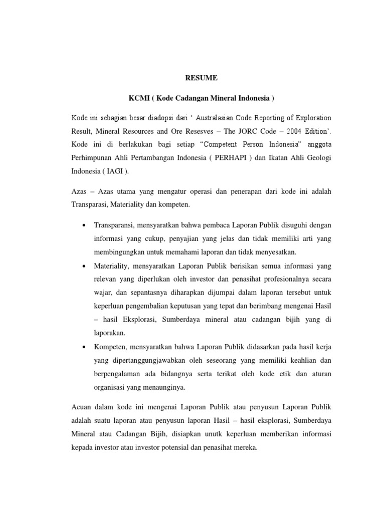 Resume Kode JORC Vs KCMI | PDF