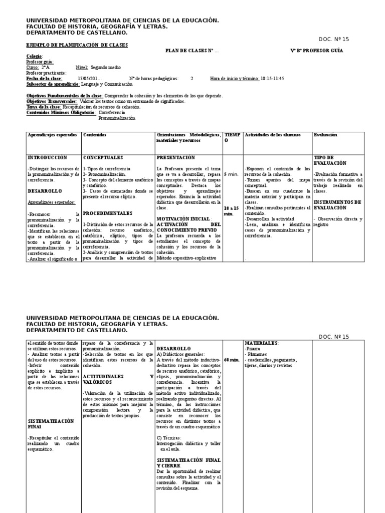 15 Ejemplo Plan de Clases 3 Alumna Umce | PDF | Maestros | Comprensión lectora