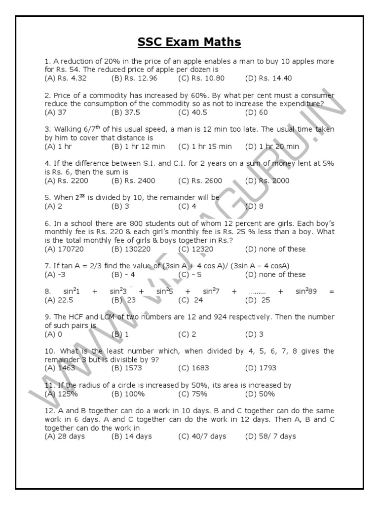 Sample Math Questions From Best SSC Coaching Institute | PDF ...