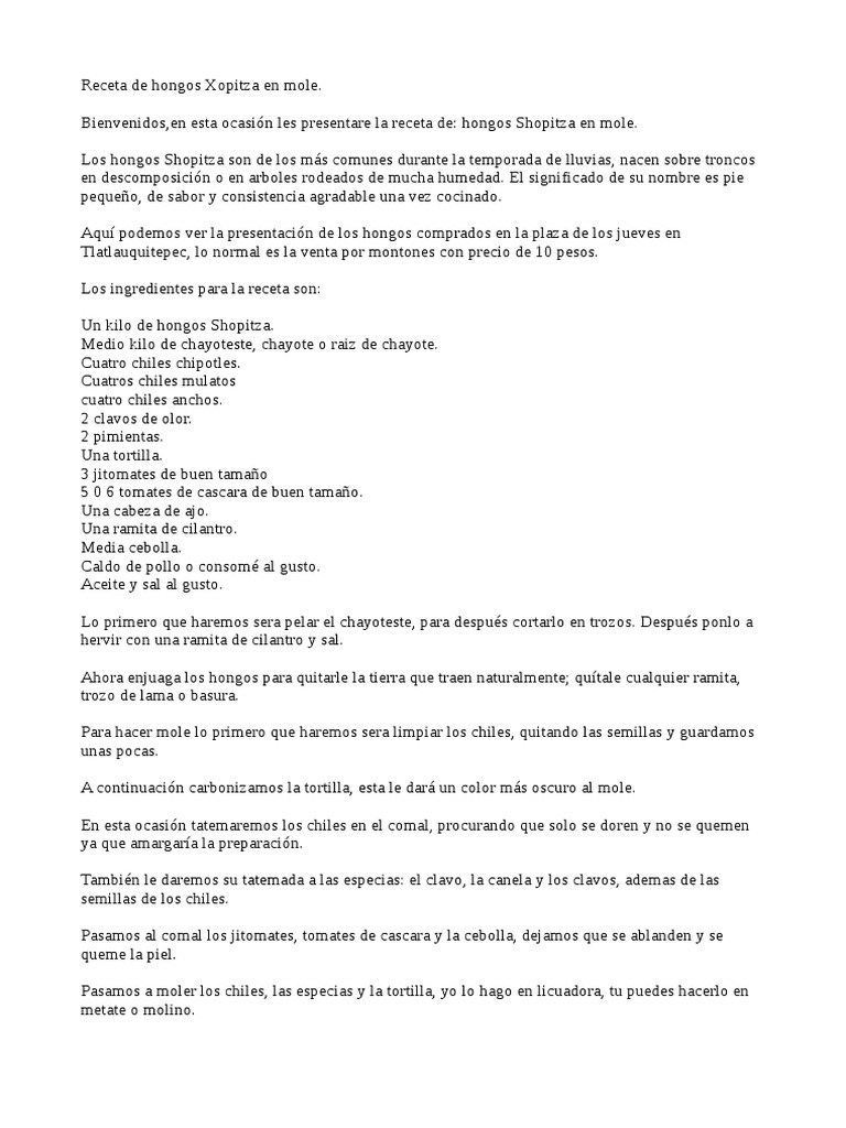 Receta de Hongos Xopitza en Mole | PDF | Cilantro | Ají picante