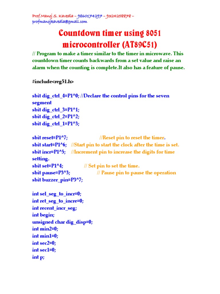 Countdown Timer Using 8051 Microcontroller (AT89C51) | Download Free PDF | Timer | Areas Of ...