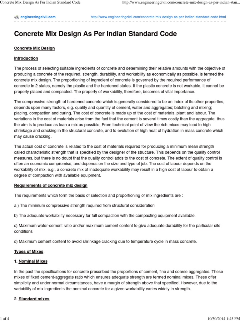 Concrete Mix Design As Per Indian Standard Code | PDF | Concrete | Cement