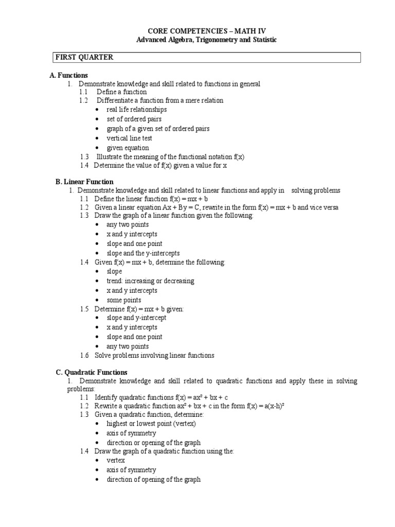Core Competencies - Math Iv Advanced Algebra, Trigonometry and ...