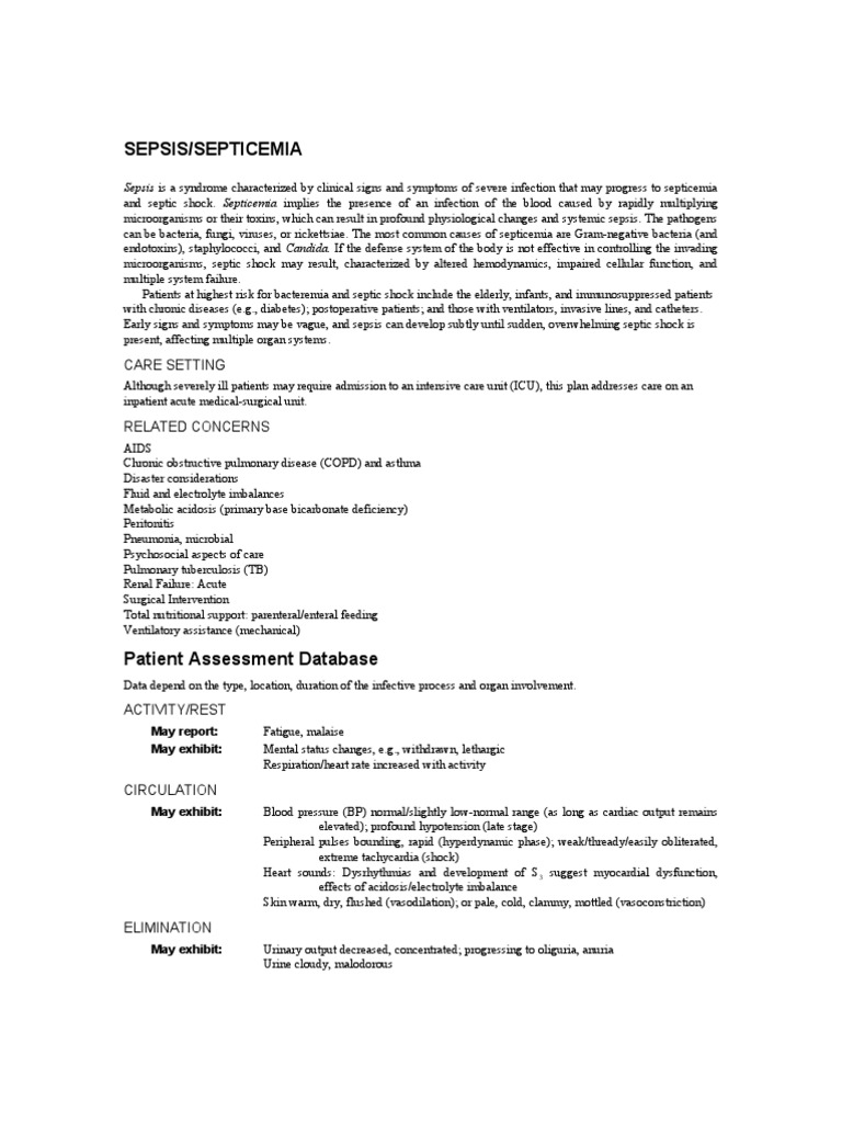 NCP for Sepsis/Septicemia | Sepsis | Shock (Circulatory)