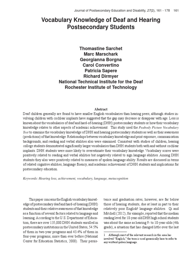 Vocabulary Knowledge of Deaf and Hearing Postsecondary Students | PDF ...