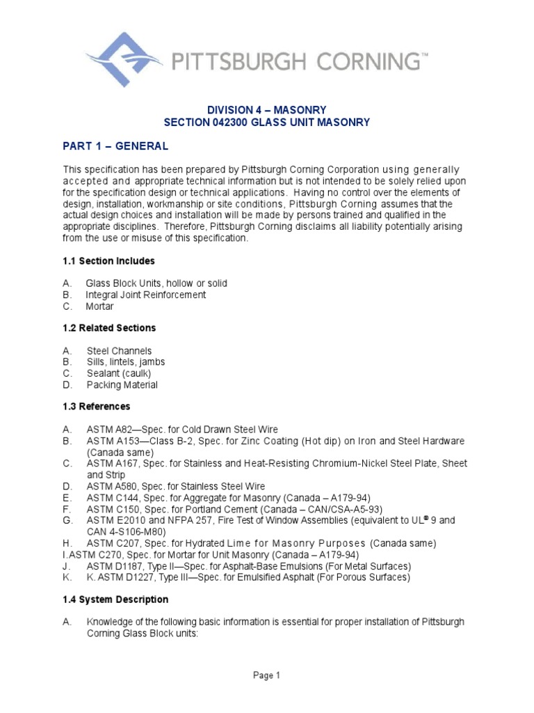 Glass Unit Masonry 042300 | PDF | Lime (Material) | Masonry