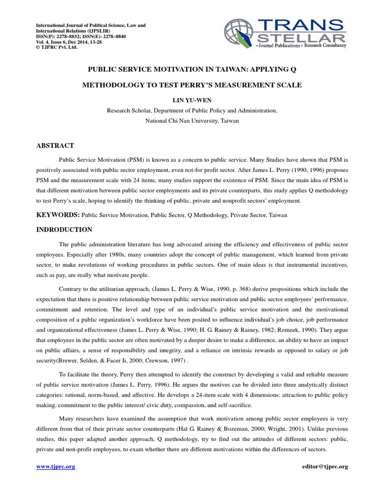 Public Service Motivation in Taiwan: Applying Q Methodology To Test ...