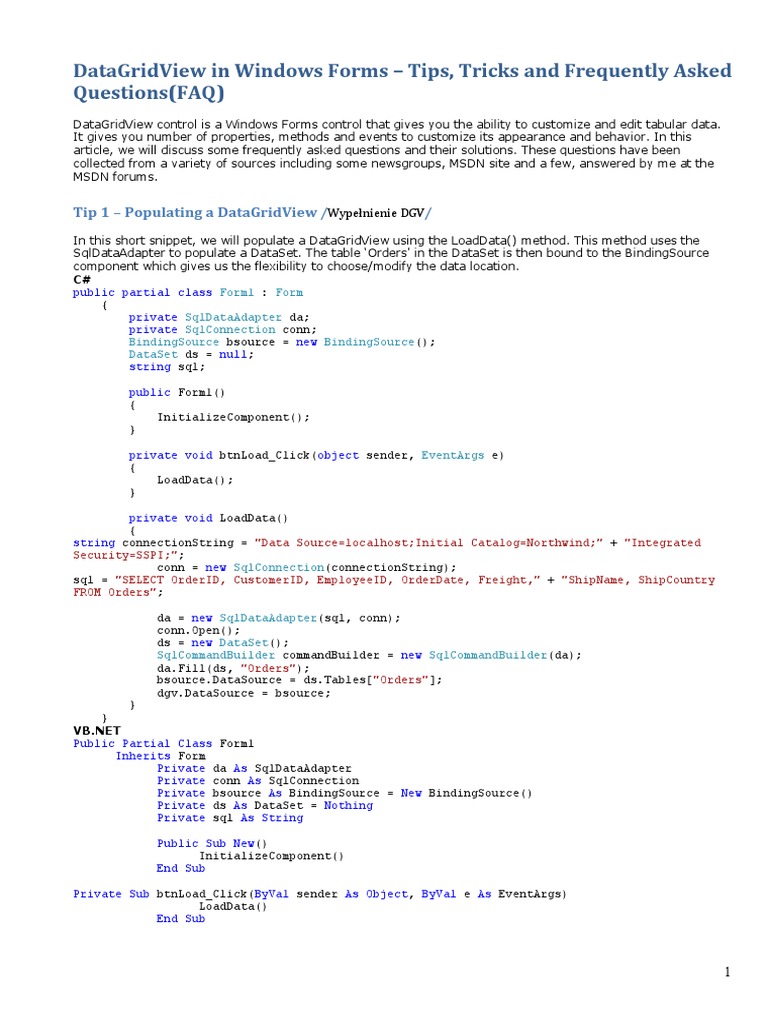 Data Grid View in Windows Forms | Download Free PDF | Faq | C Sharp ...