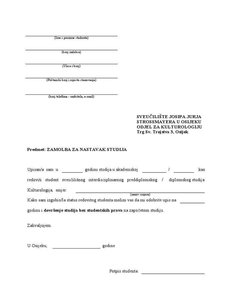 Zamolba Za Nastavak Studija PDF | PDF