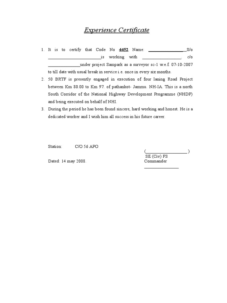 Experience Certificate for Surveyor Role | PDF | Business | Finance ...