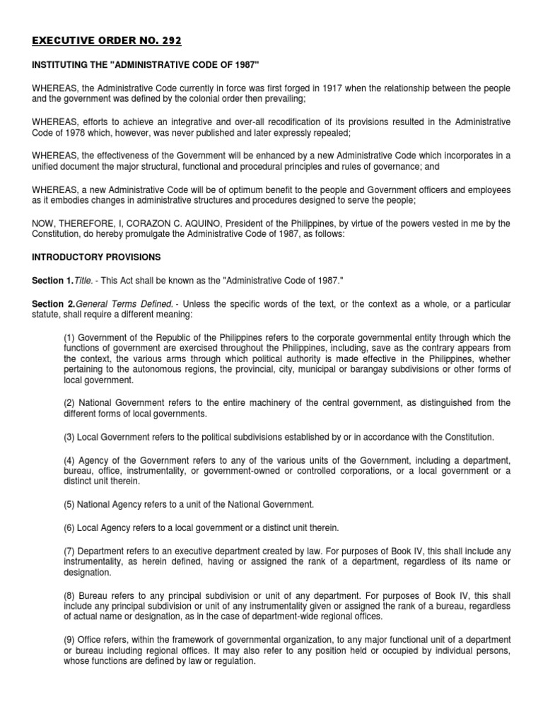 Executive Order No. 292 | PDF | Corporations | Local Government
