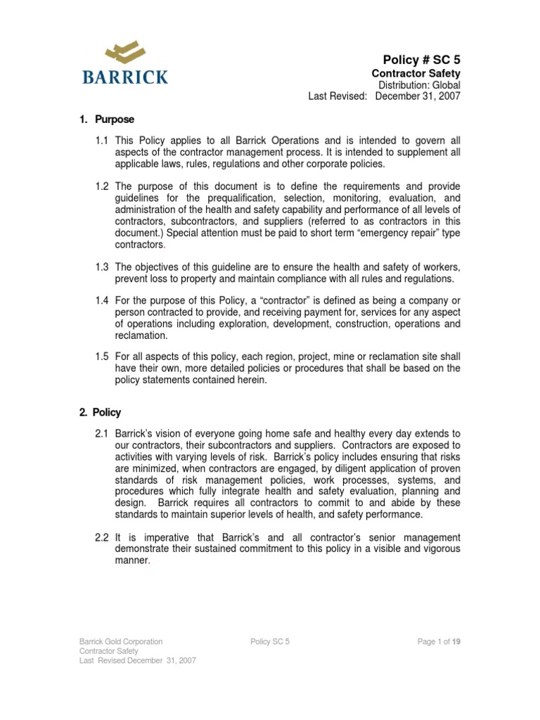 Barrick Contractor Safety Policy | PDF | Occupational Safety And Health ...