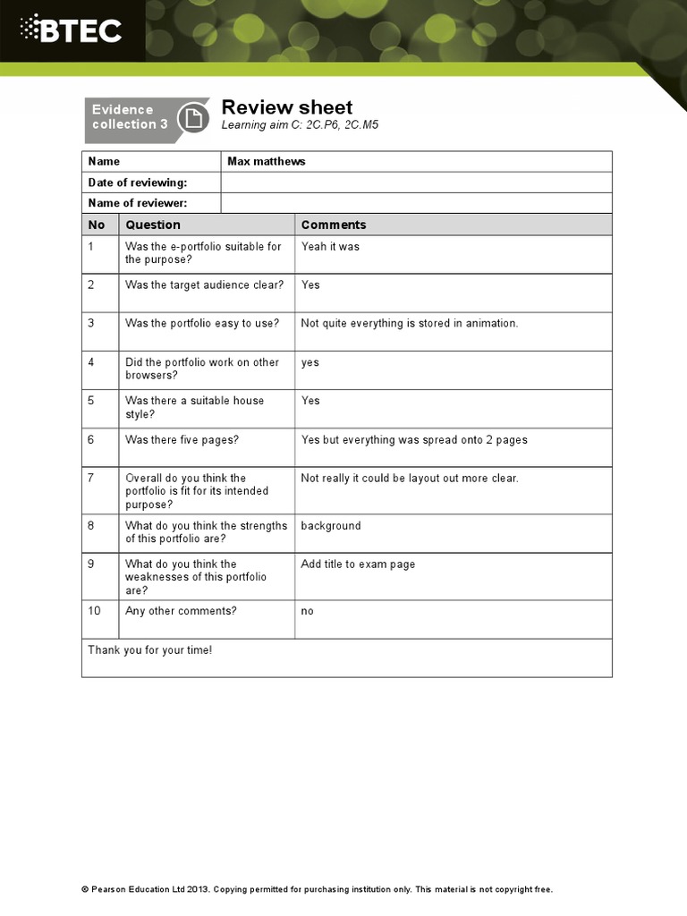 Feedback Sheet Filled Out | PDF | Career & Growth