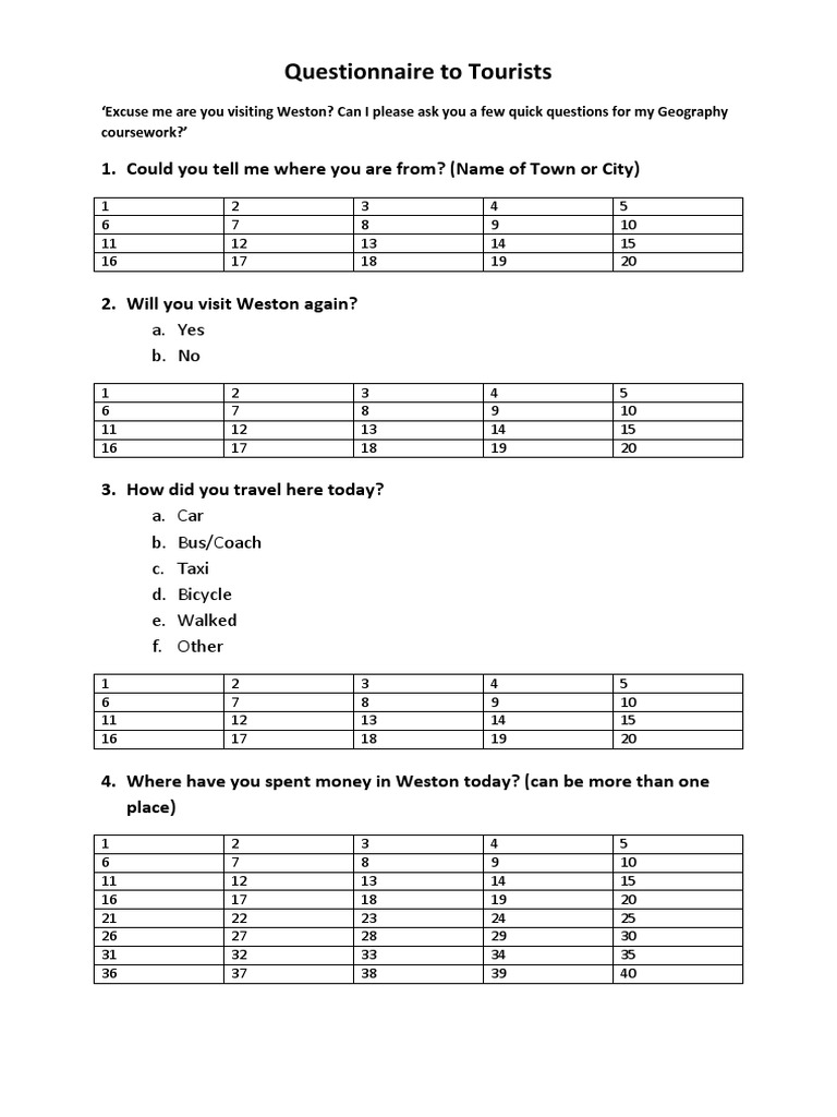 Questionnaire To Tourists | PDF