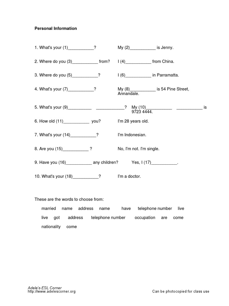 Personal Information: Adele's ESL Corner | PDF
