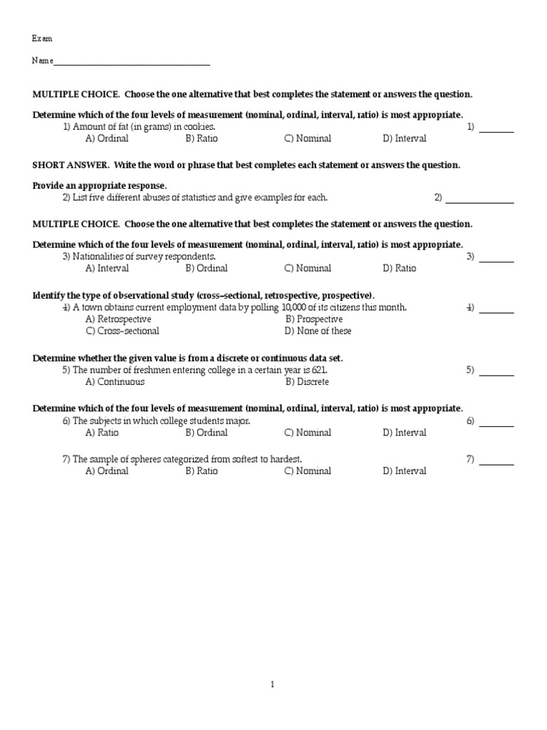 Statistics Exam: Measurement & Data Analysis | PDF | Level Of ...
