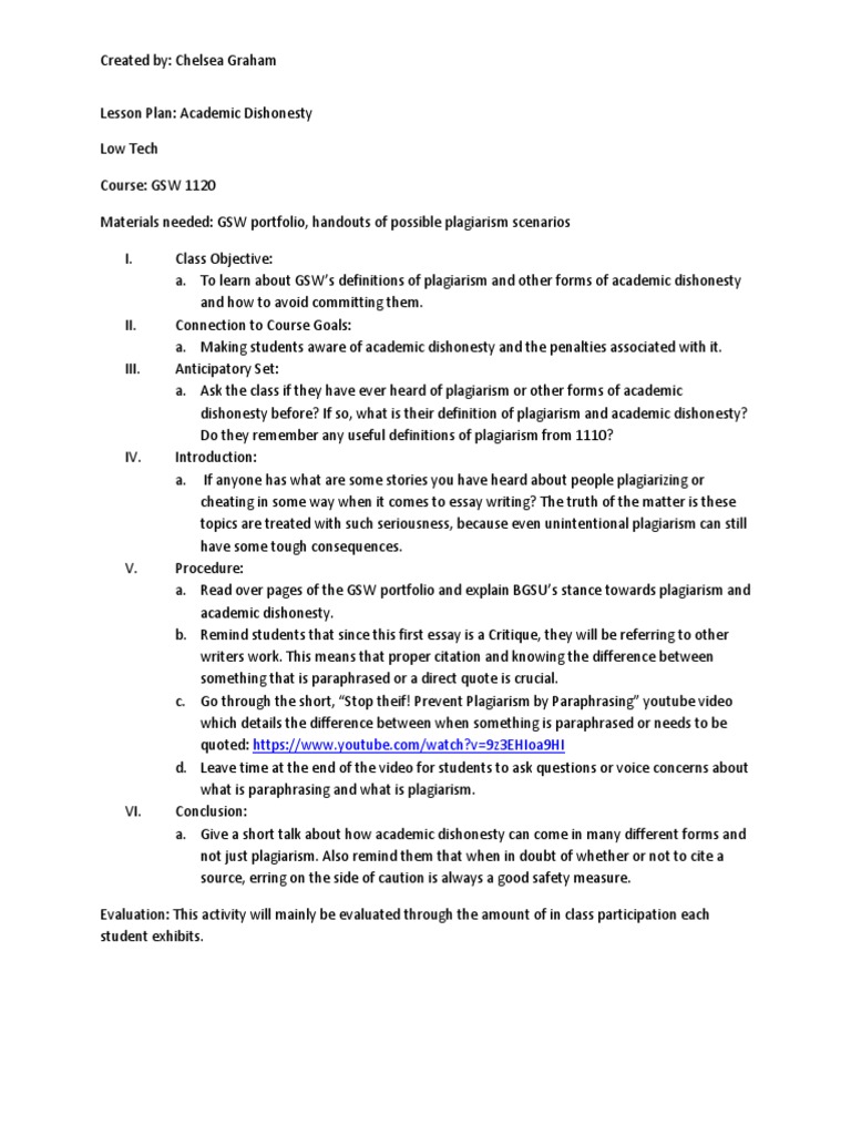 Plagiarism Lesson Plan | PDF | Plagiarism | Academic Dishonesty