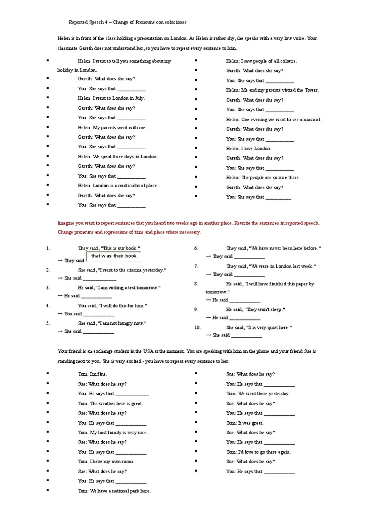 Reported Speech 4 - Change of Pronoun - Con Soluciones | PDF | Languages