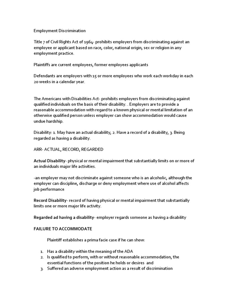 Employment Discrimination Exam Notes | PDF | Americans With ...