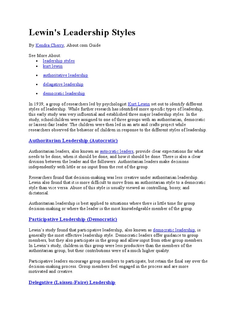 Lewin's Leadership Styles: Kendra Cherry | PDF | Leadership | Systems ...