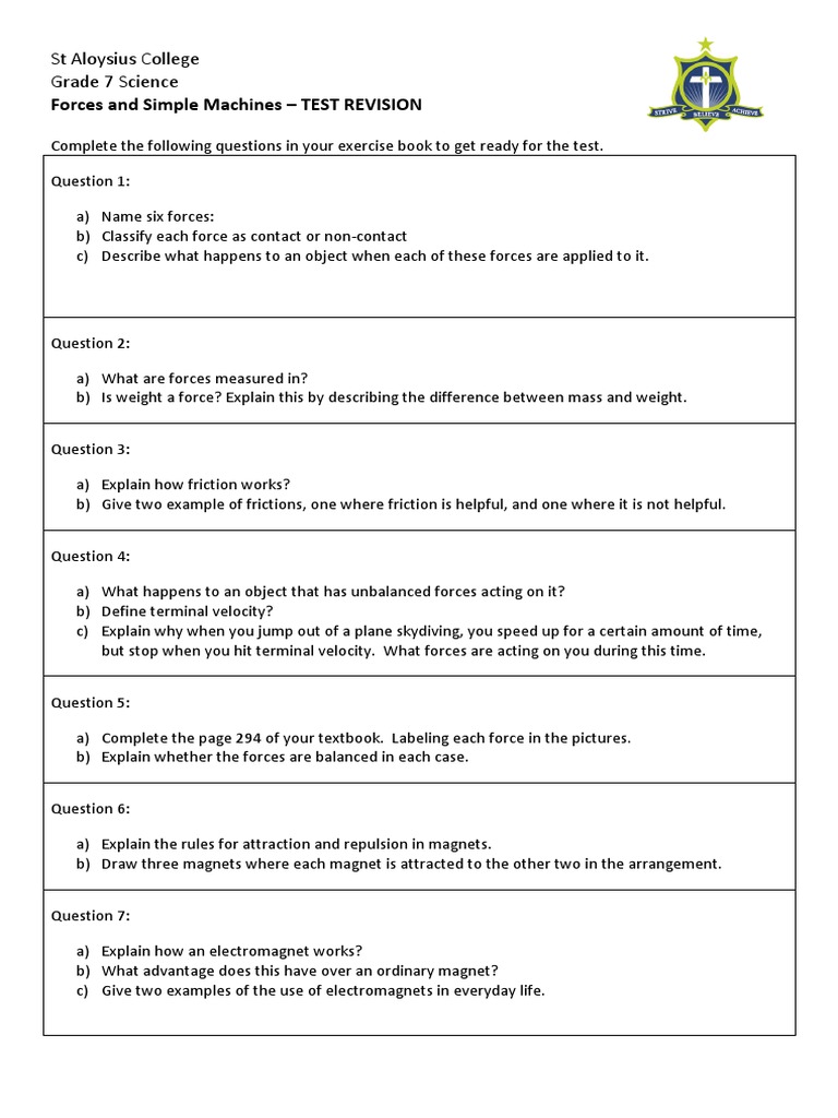 Forces and Simple Machines – TEST REVISION