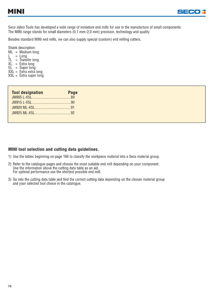 Seco Jabro Tools MINI End Mill Catalogue and Cutting Data Guidelines ...