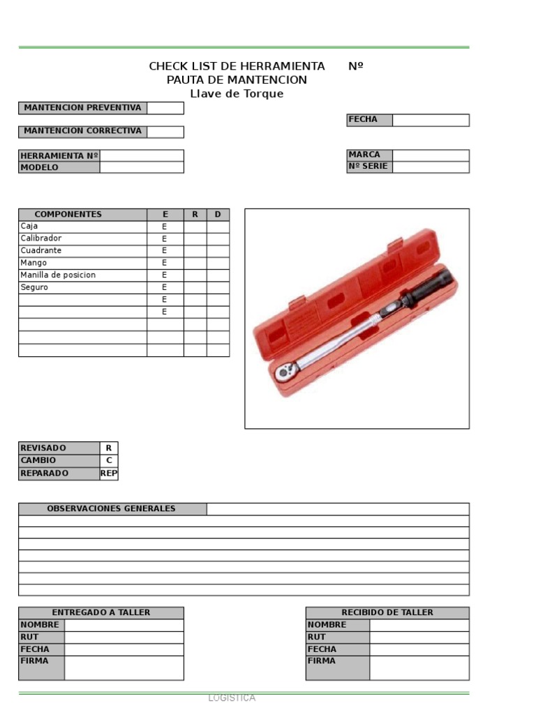 Lista de Chequeo Llave de Torque