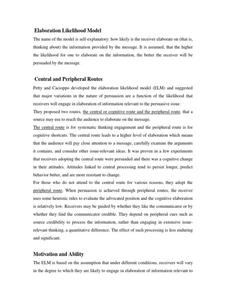 Elaboration Likelihood Model | PDF | Mental Processes | Applied Psychology