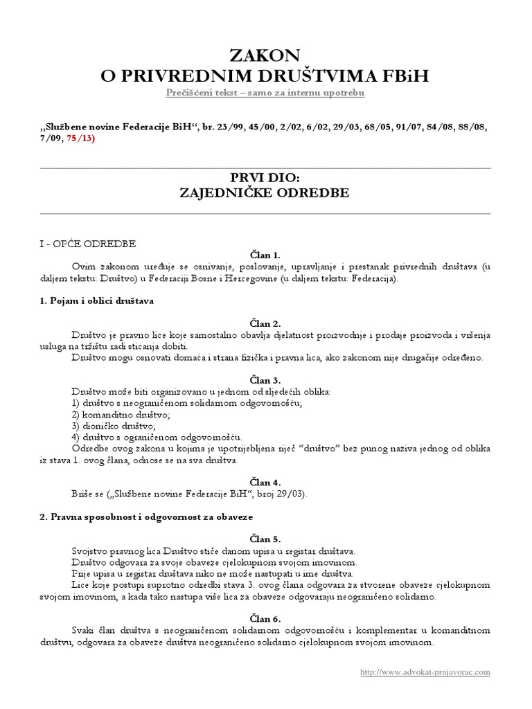 Zakon o Privrednim Drustvima FBiH | PDF