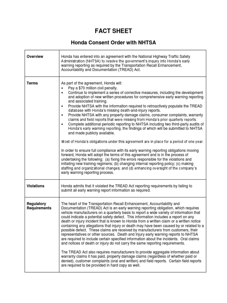 Honda NHTSA Consent Order Fact Sheet | PDF | National Highway Traffic ...