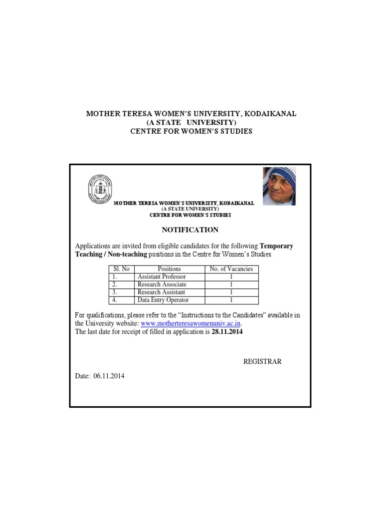 Mother Teresa Women'S University, Kodaikanal (A State University ...