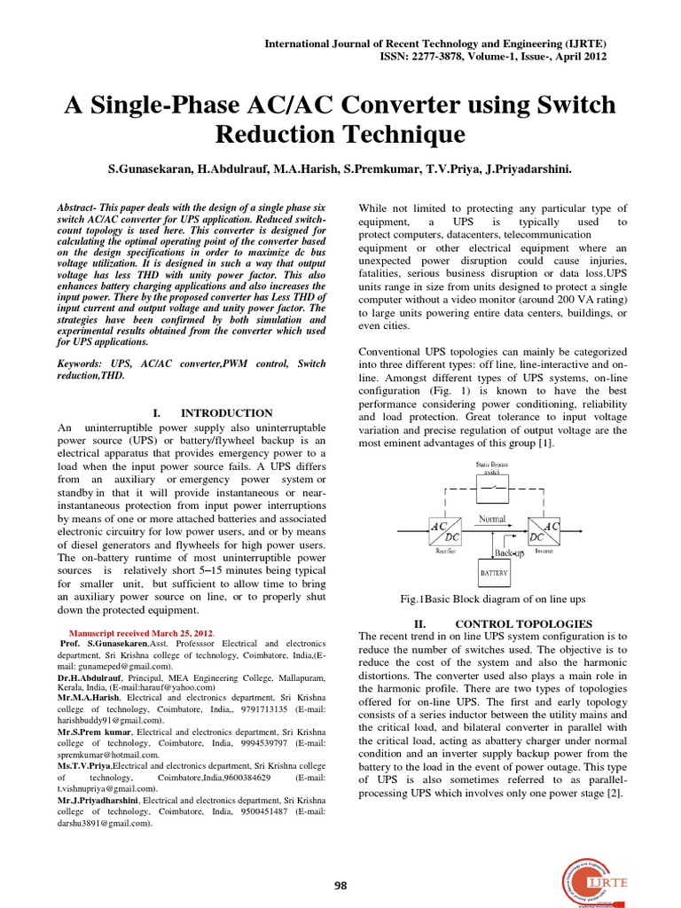 A Single-Phase AC-AC Converter Using Switch Reduction Technique | PDF ...