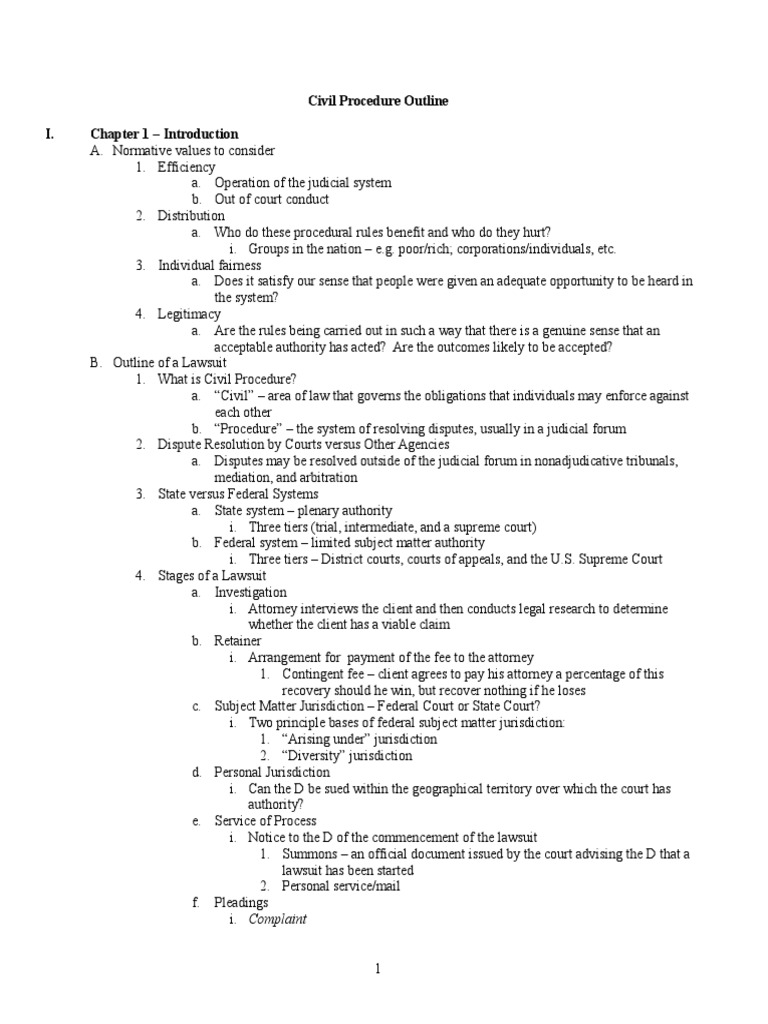 Civil Procedure Outline I. Chapter 1 - Introduction | PDF | Diversity ...