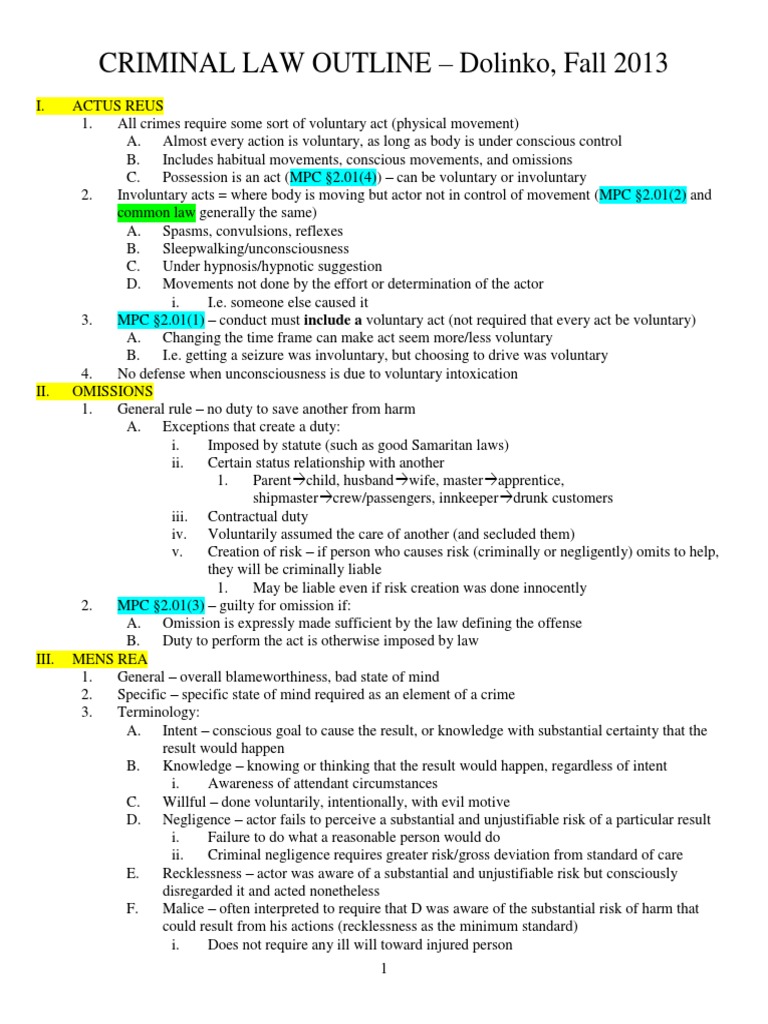Criminal Law Outline | PDF | Conspiracy (Criminal) | Mens Rea