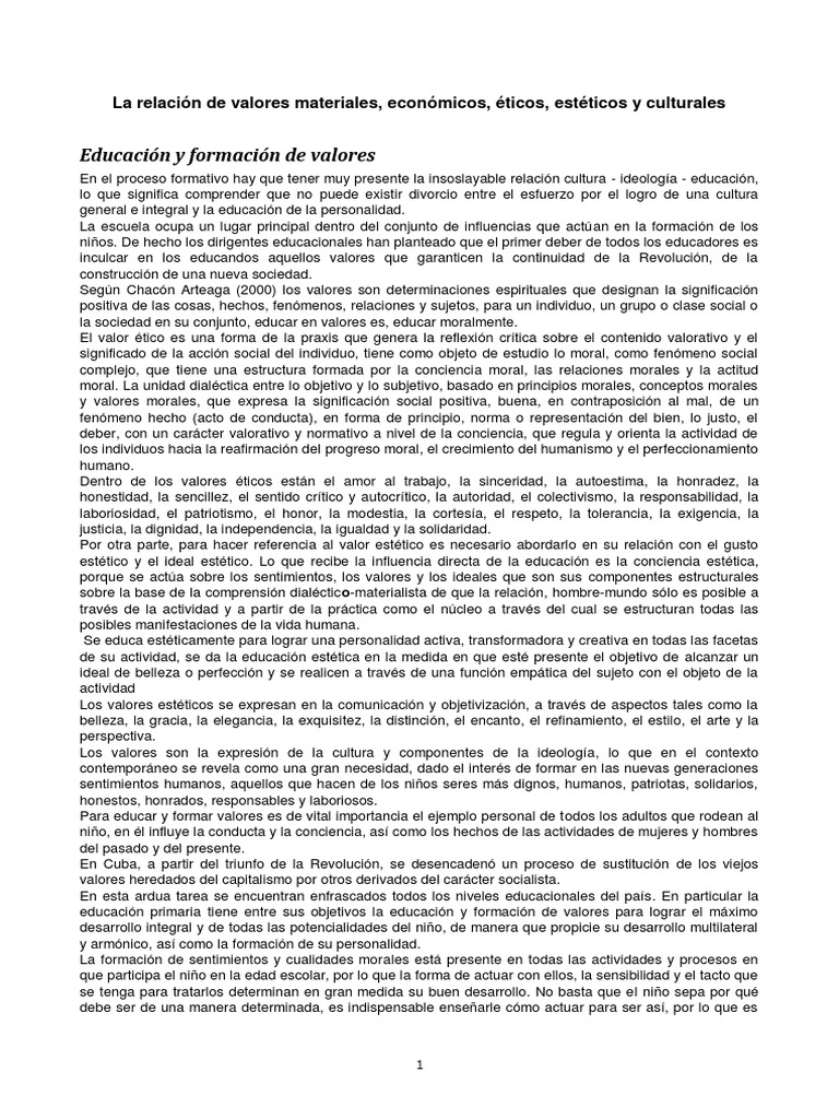 La Relación de Valores Materiales, Económicos, Éticos, Estéticos y ...
