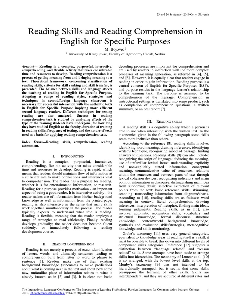 Reading Skills and Reading Comprehension in ESP | PDF | Reading Comprehension | Reading (Process)