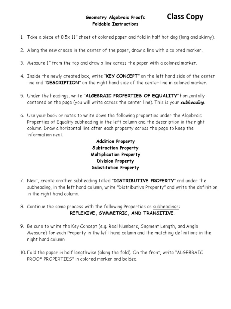 Class Copy: Geometry Algebraic Proofs Foldable Instructions | PDF