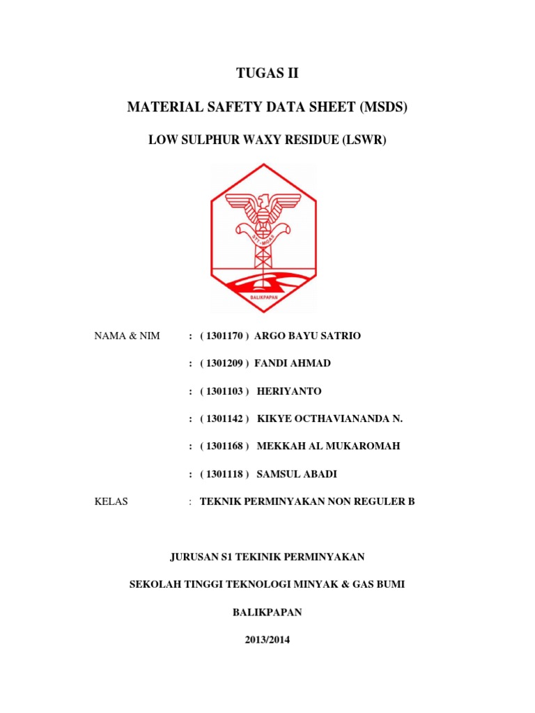 Low Sulphur Waxy Residue (LSWR) Material Safety Data Sheet | PDF | Toxicity | Explosive Material