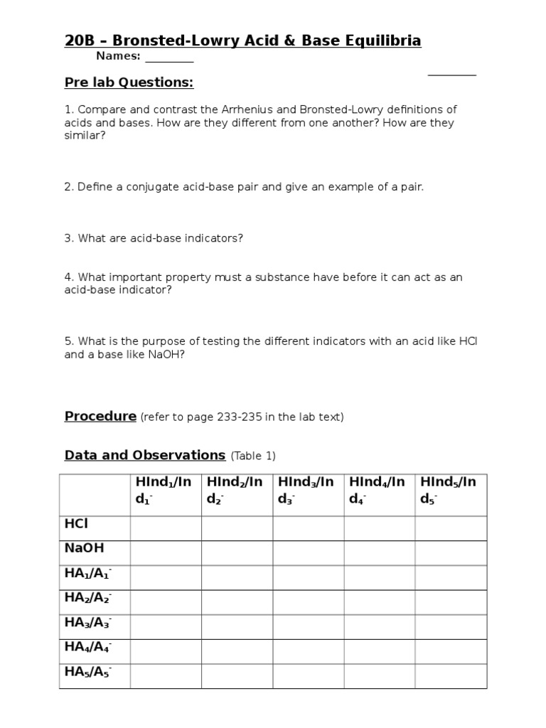 Bronsted-Lowry Acid-Base Lab 20B | PDF | Self-Improvement