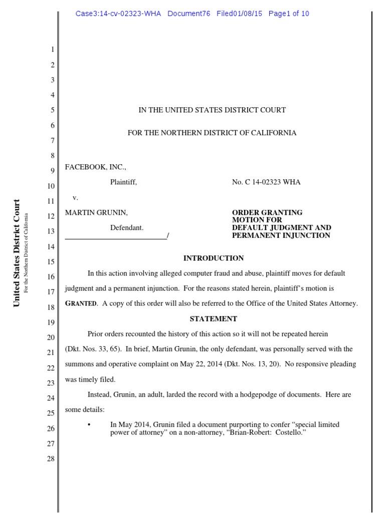 Order Granting Motion For Default Judgment and Permanent Injunction ...