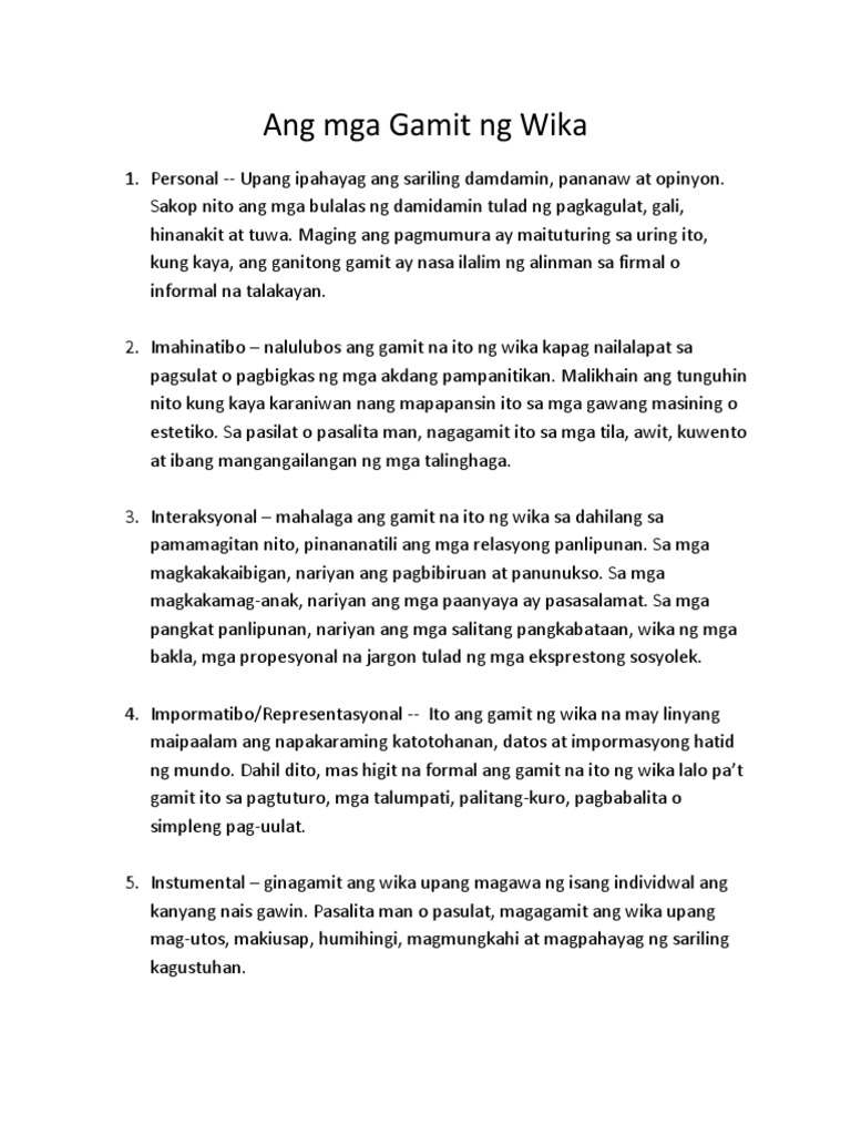 Ang Mga Gamit Ng Wika