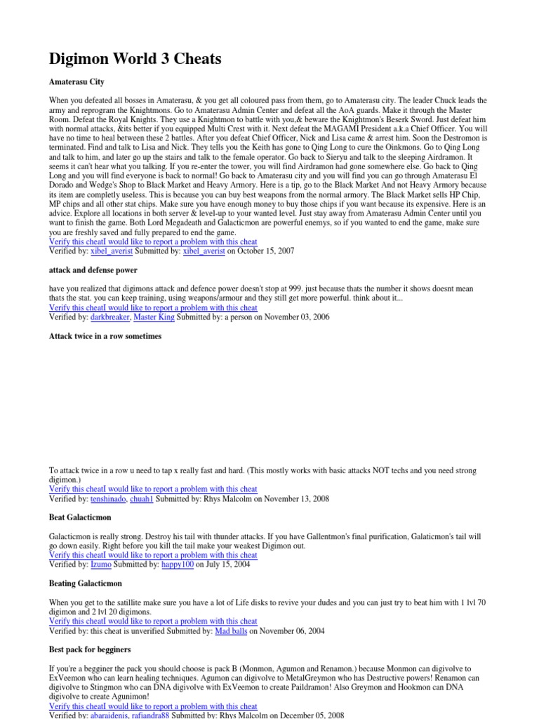 Digimon World 3 Cheats | PDF | Cheating In Video Games | Leisure