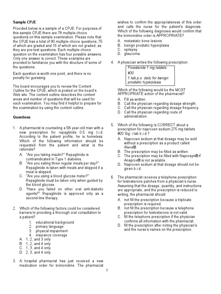 Sample CPJE: Finasteride 1 MG Tablets #30 1 Tab P.O. Daily For Benign ...