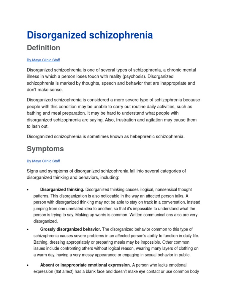 Disorganized Schizophrenia From Mayo Clinic | Schizophrenia | Antipsychotic