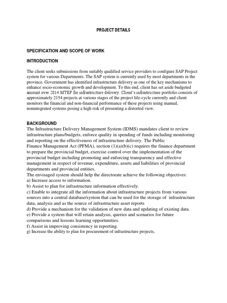 Specification and Scope of Work: Project Details | PDF | Infrastructure ...