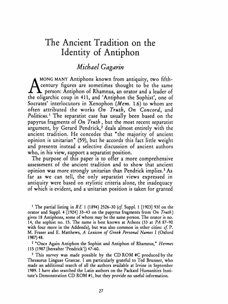 Michael Gagarin, The Ancient Tradition On The Identity of Antiphon | PDF | Sophism | Rhetoric
