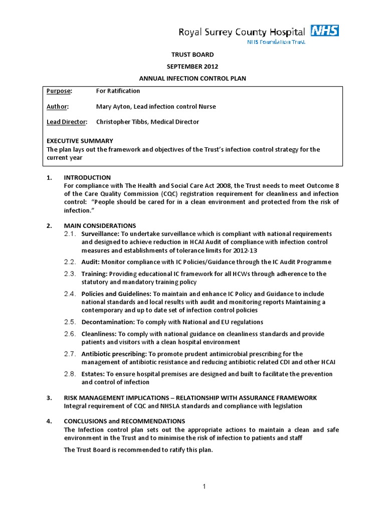 Annual Infection Control Plan 2012-13 | PDF | Infection Control ...
